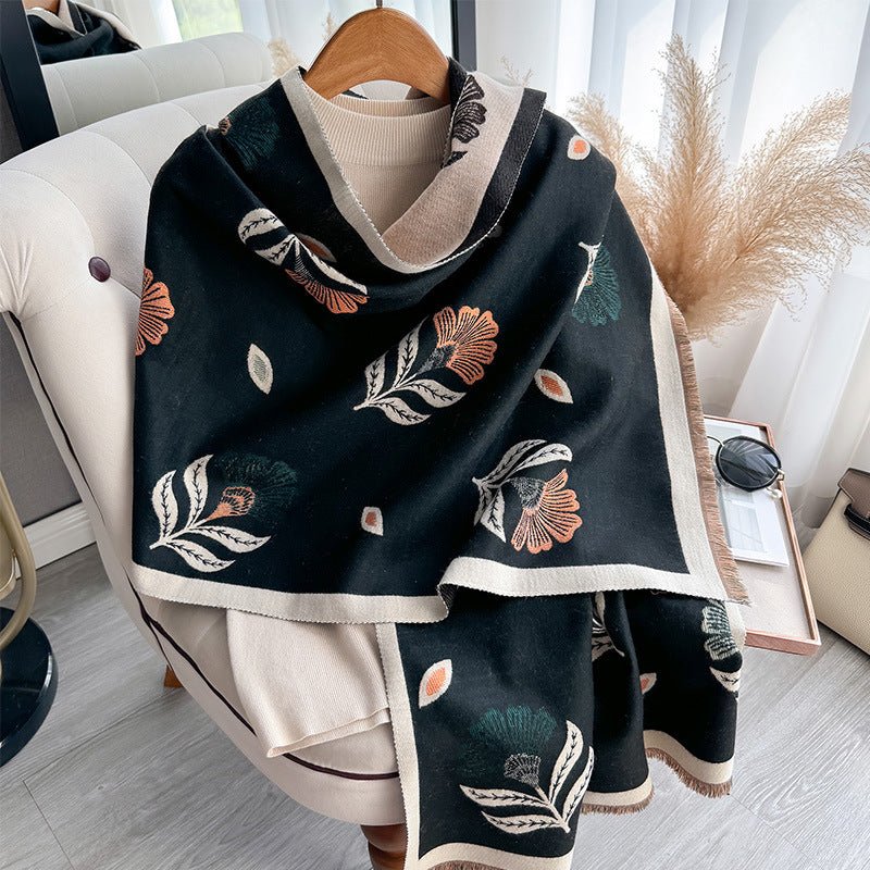 Elegant Black Luxurious Floral Design Women's Winter Shawl ...
